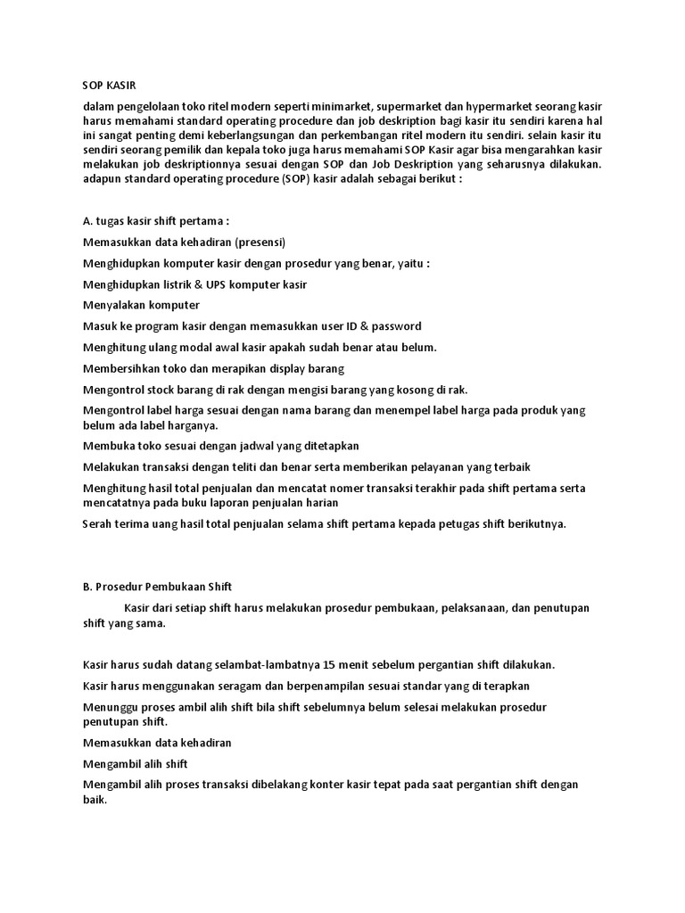 Sop Kasir 2 | PDF