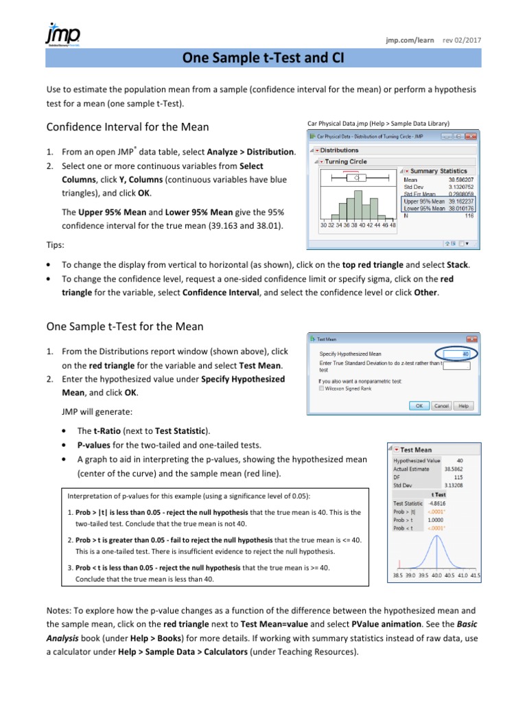 One Sample T-Test and CI: Confidence Interval For The Mean | PDF | P ...