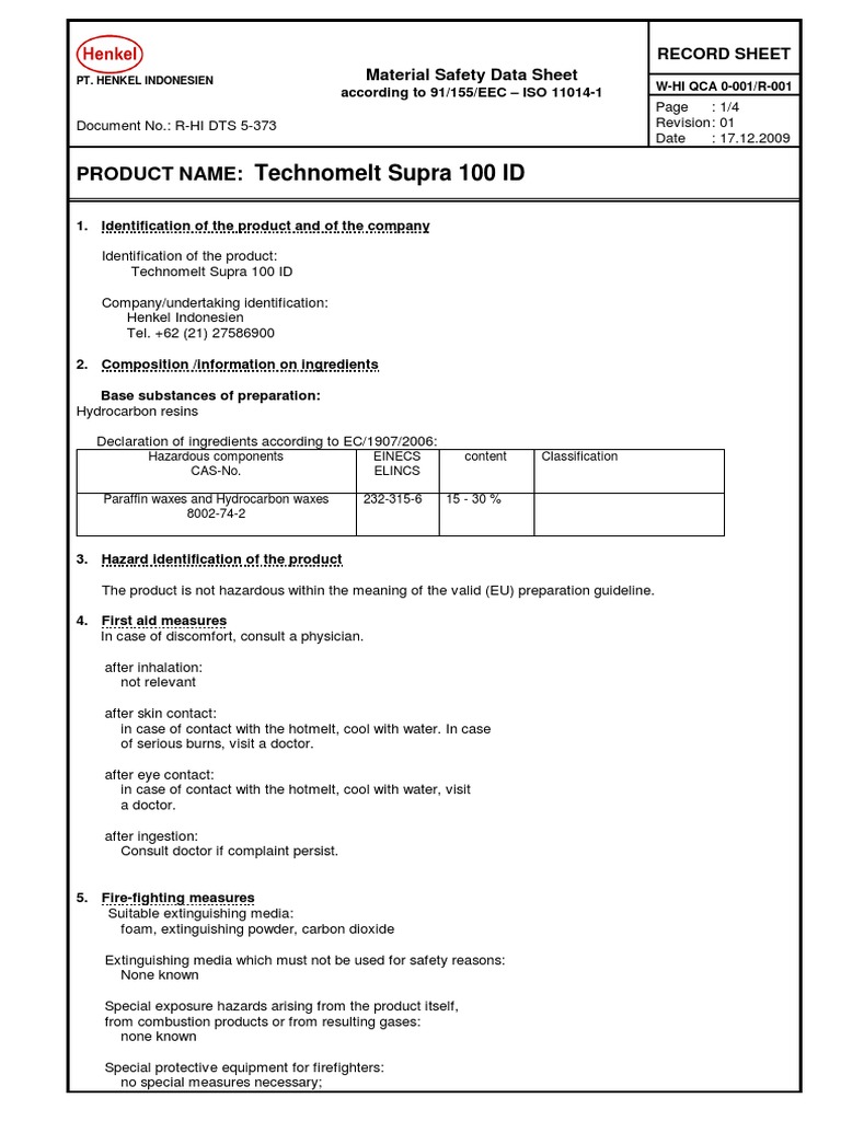 R-HI DTS 5-373(01)-Technomelt Supra 100 ID | Dangerous Goods | Chemistry