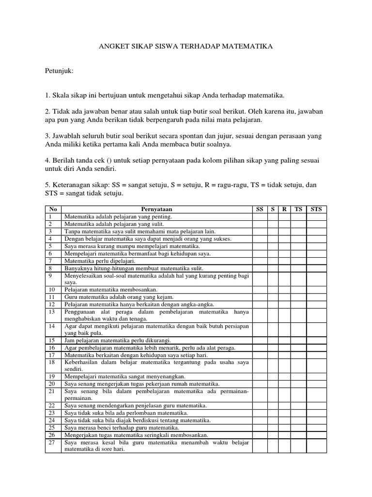 Angket Sikap Siswa Terhadap Matematika | PDF