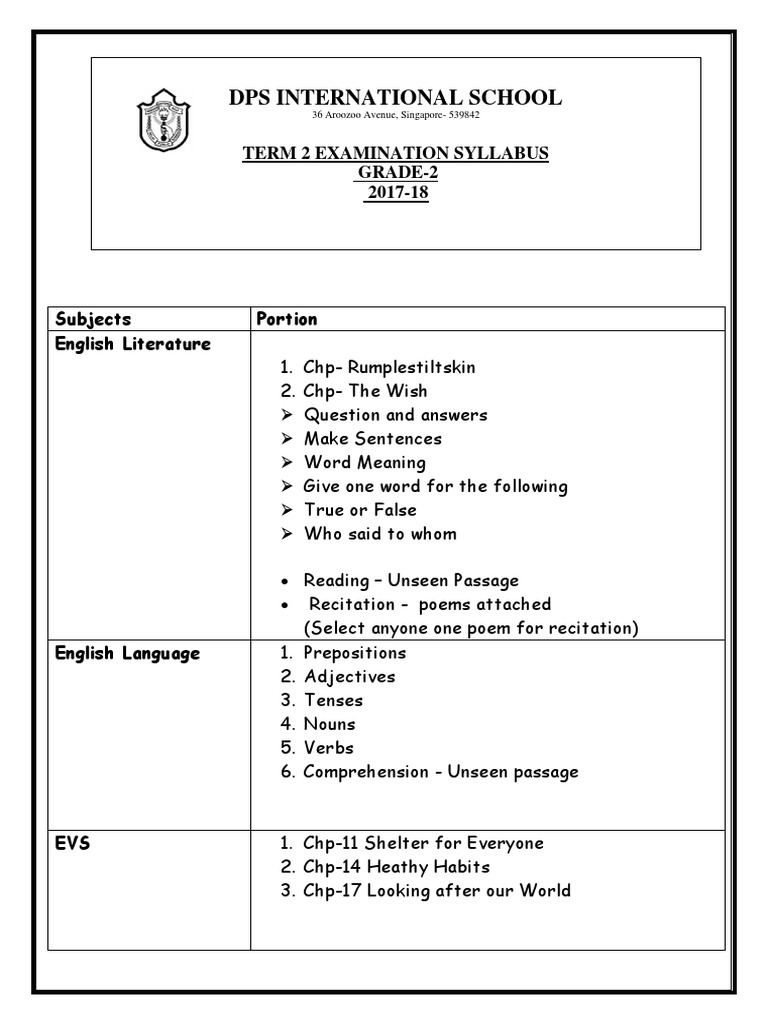 Term 2 Syllabus Grade 24946 | PDF