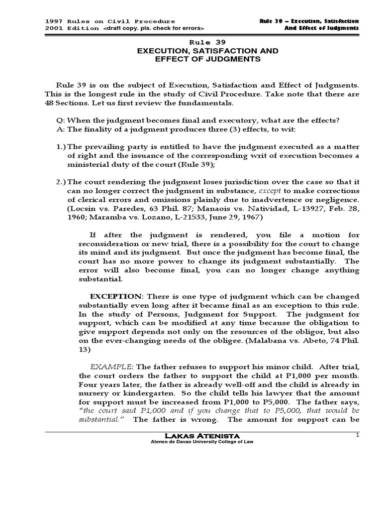 Rule 39 - Execution, Satisfaction and Effect of Judgments PDF | PDF ...