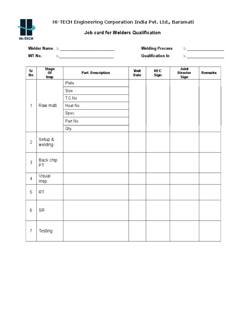 Welder Job Card | PDF