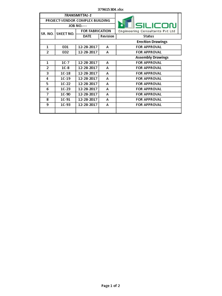 Project-Vendor Complex Building Fabrication Drawings Transmittal | PDF