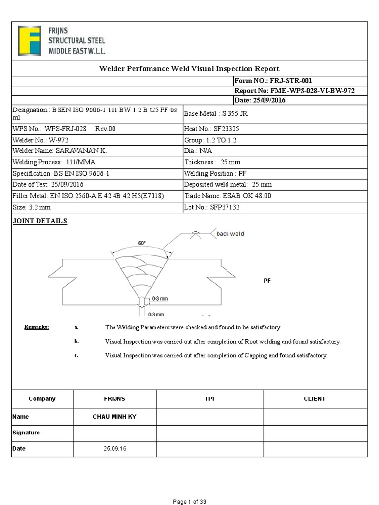 Visual Report For PF POSITION | PDF | Welding | Construction