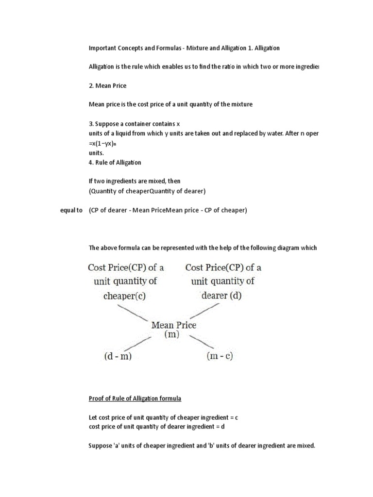 Rule of Alligation Formula