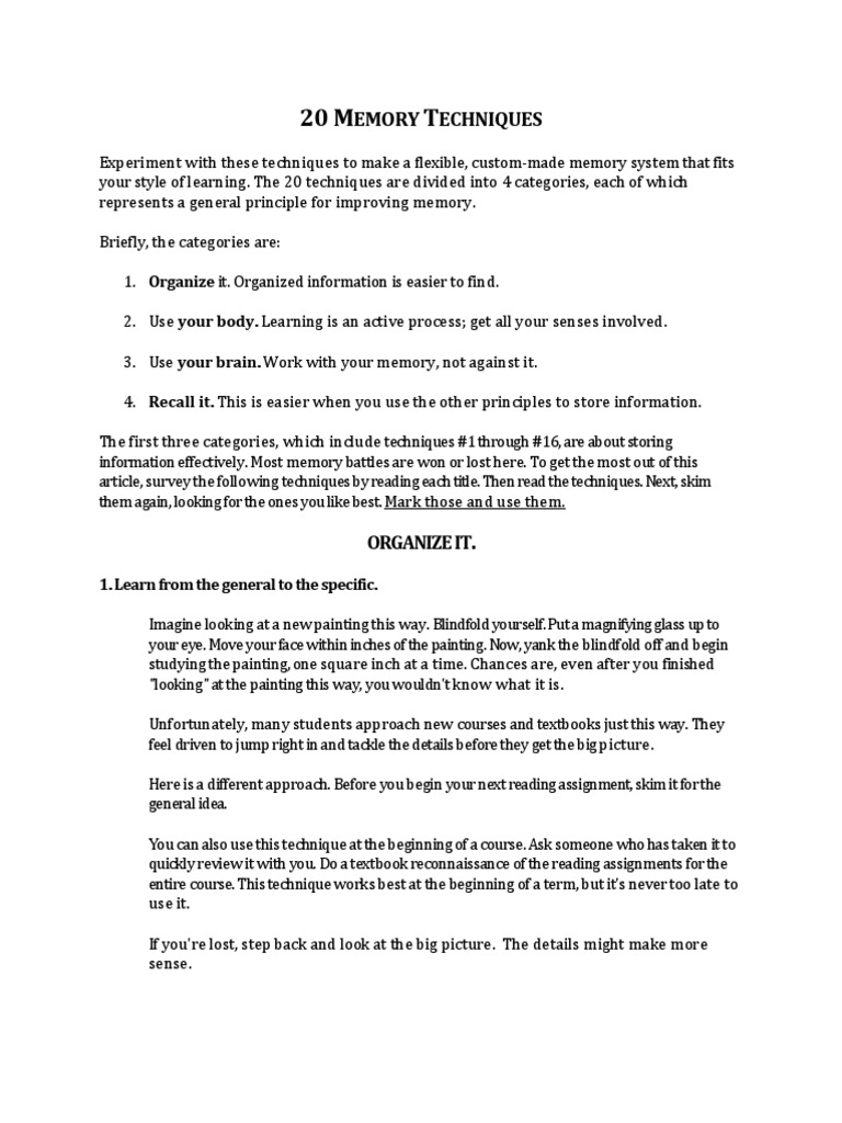Memory Techniques | PDF | Memory | Recall (Memory)