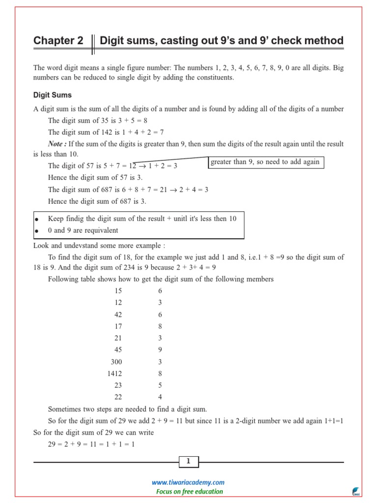Digit Sums, Casting Out 9's and 9' Check Method | PDF | Numbers ...