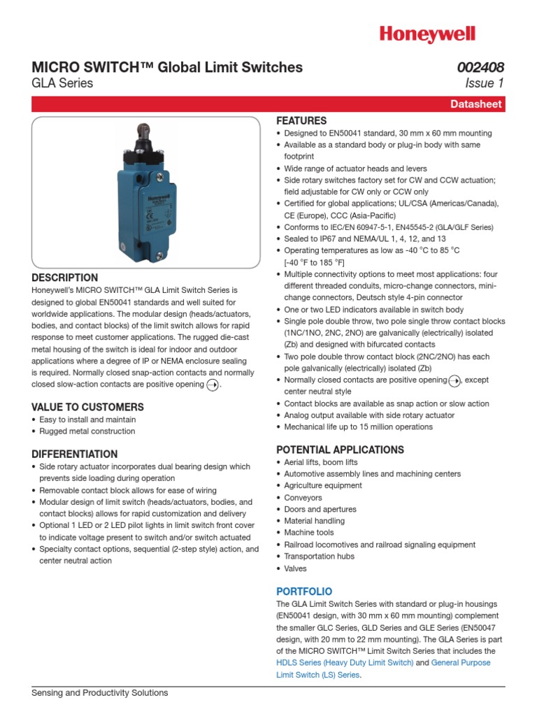 Honeywell Sensing Micro Switch Gla Product Sheet 002408 1 en | PDF ...
