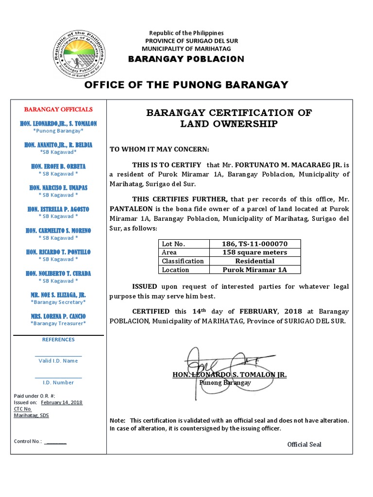 Certification Land Ownership Macaraeg, Fortunato | PDF | Philippines