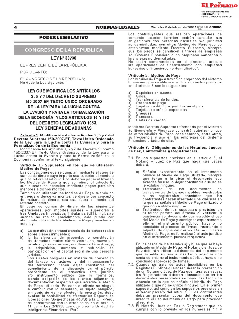Ley Que Modifica Los Artículos 3 5 Y 7 Del Decreto Supremo 150 2007 Ef