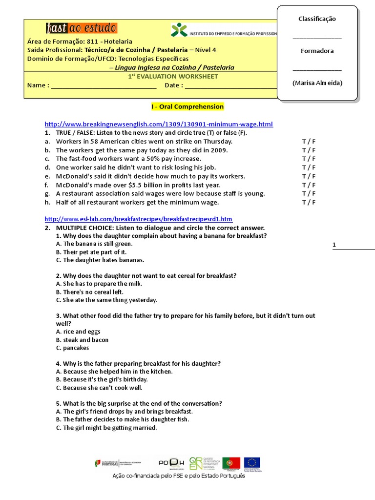 I - Oral Comprehension: 1 Evaluation Worksheet | PDF | Lunch | Meal