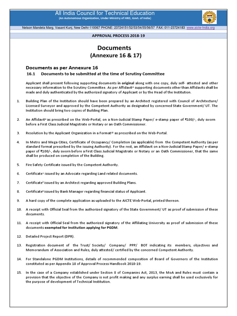 AICTE Approval Process 2018-19: Documents Required for Scrutiny Committee and Expert Visit ...