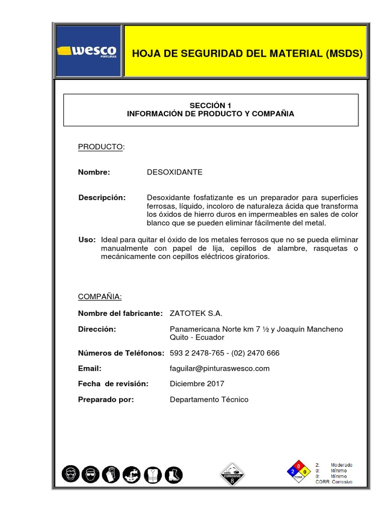 MSDS Desoxidante Fosf | PDF | Toxicidad | Contaminación