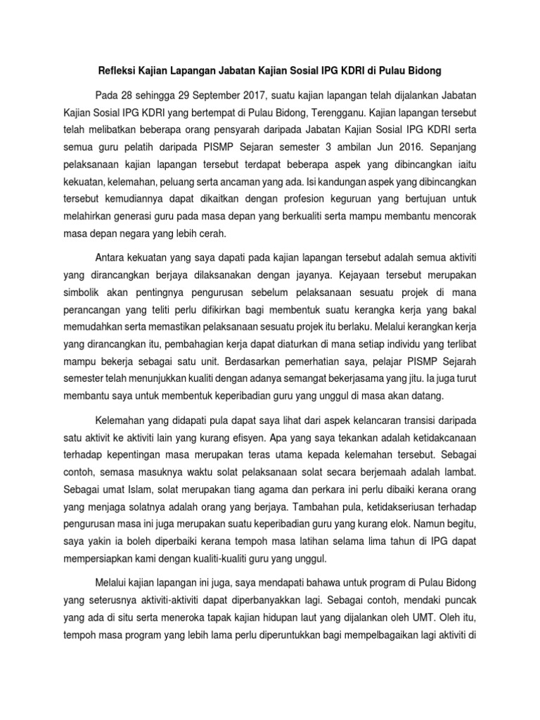 Refleksi Kajian Lapangan Jabatan Kajian Sosial IPG KDRI | PDF ...