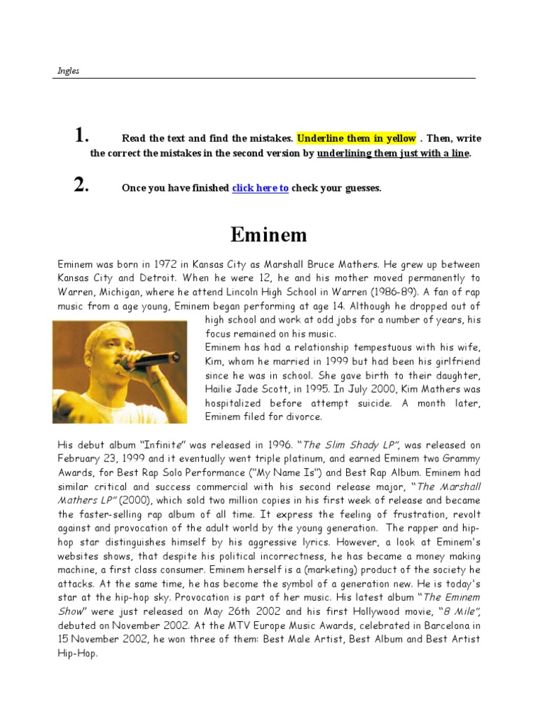 Eminem Biography Activity | PDF | Hip Hop Music | Music Industry