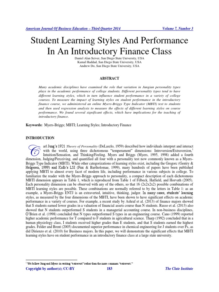Student Learning Styles and Performance in An Introductory Finance Class | PDF | Extraversion ...