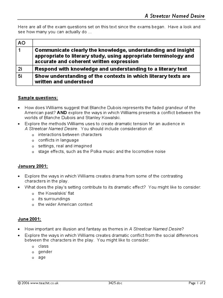A Streetcar Named Desire: Sample Questions | PDF | Psychological ...