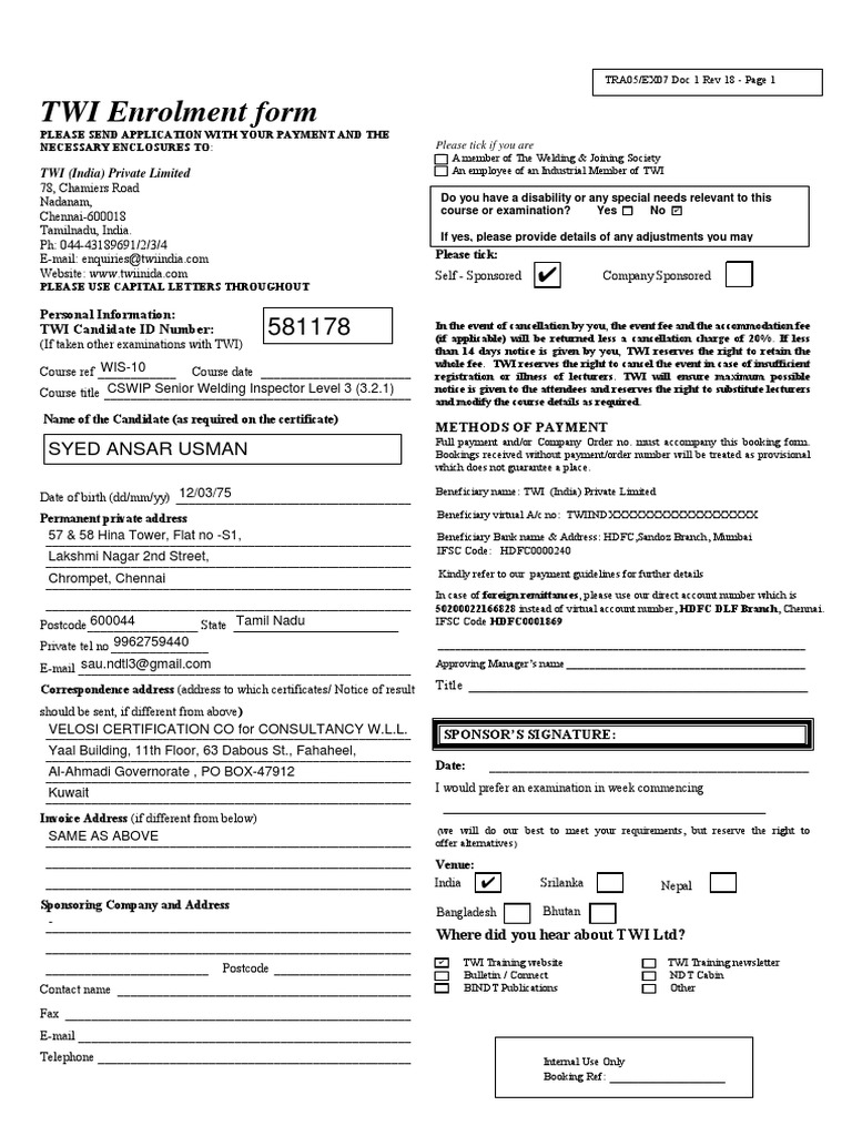 CSWIP 3.2 Application Form | Nondestructive Testing | Authentication ...