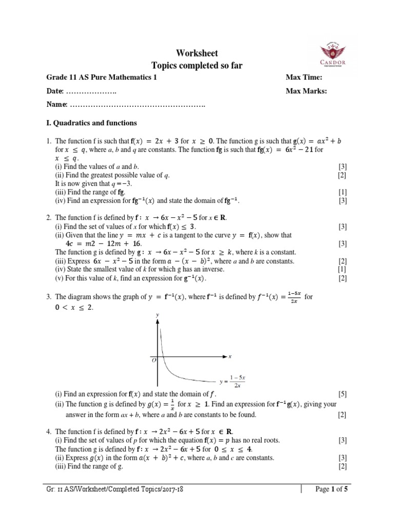 Worksheet On Quadratics, Functions, Trigonometry, Radians and Co ...