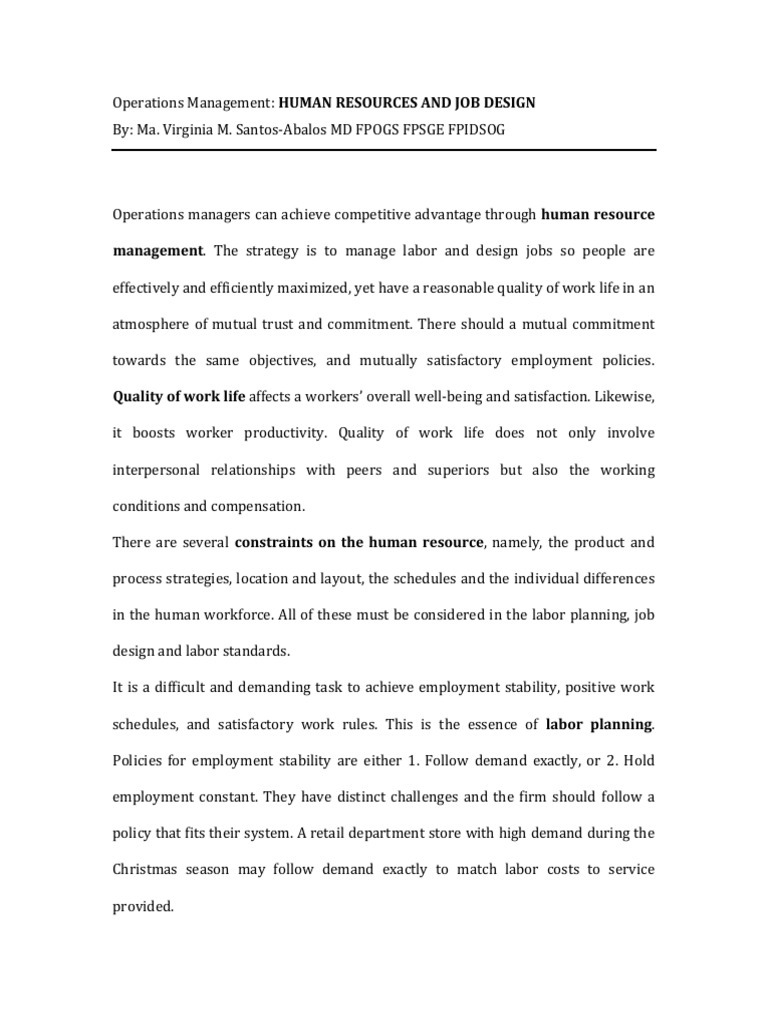 Operations Management Human Resources and Job Design | PDF | Human ...