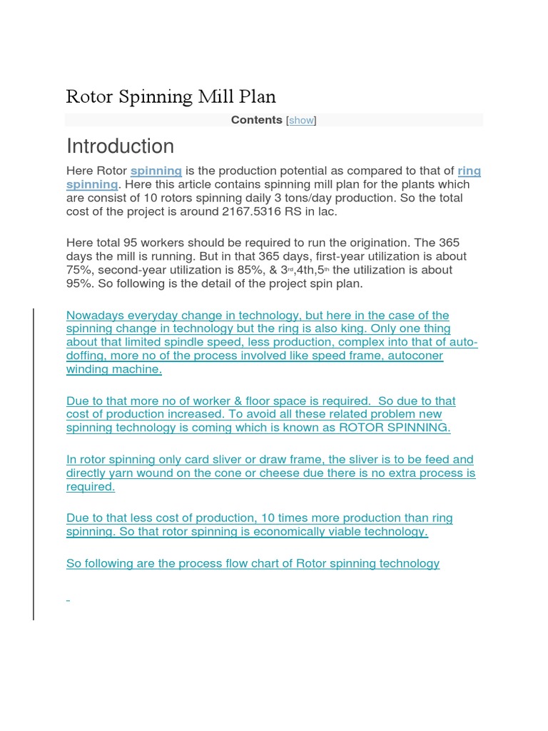 Rotor Spinning Mill Project Overview | PDF | Spinning (Textiles) | Loans