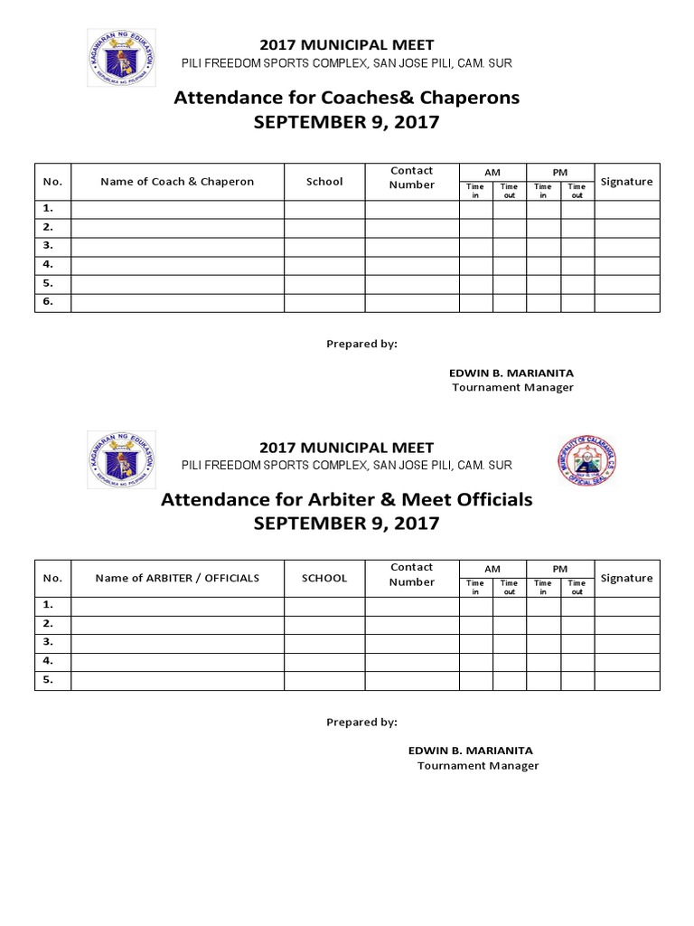 Attendance For Coaches& Chaperons SEPTEMBER 9, 2017: 2017 Municipal ...