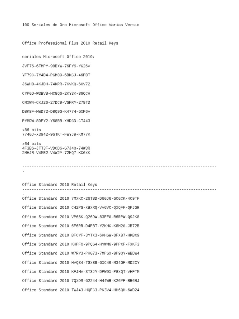 Collection of Serial Numbers and Product Keys for Various Versions of Microsoft Office | PDF ...
