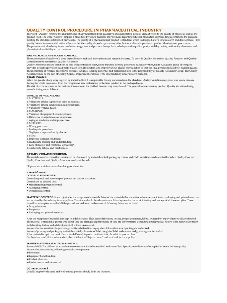 Quality Control Procedure in Pharmaceutical Industry | PDF | Packaging ...