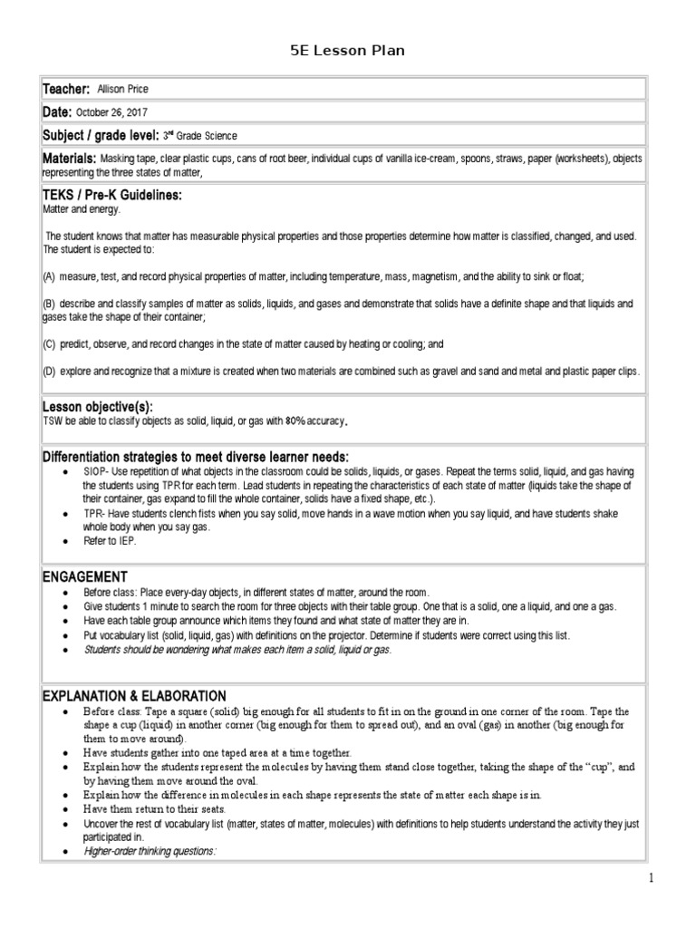 3rd Grade States of Matter Lesson Plan | PDF | Gases | Liquids