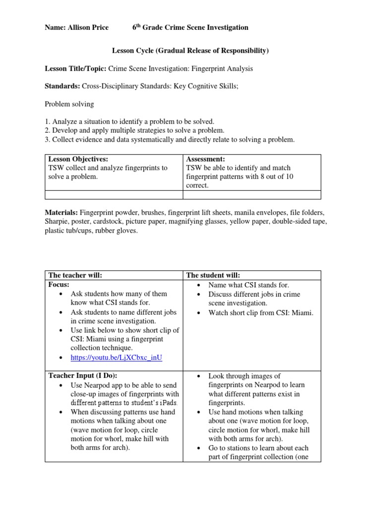6th Grade-Csi Lesson Plan | PDF | Fingerprint | Crime Scene
