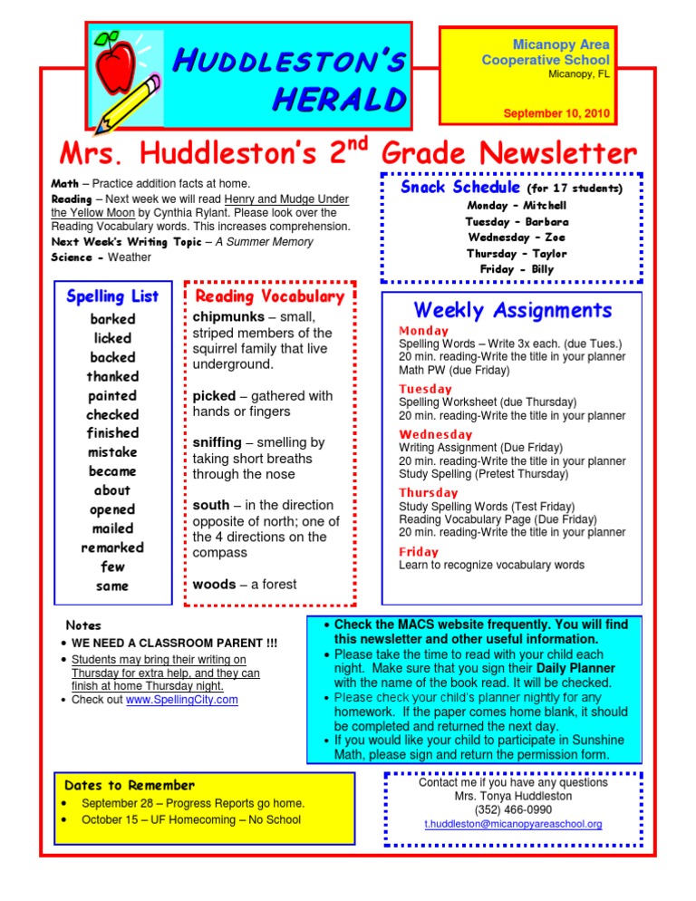 Second Grade Newsletter 091010 | PDF | Homework | Cognition