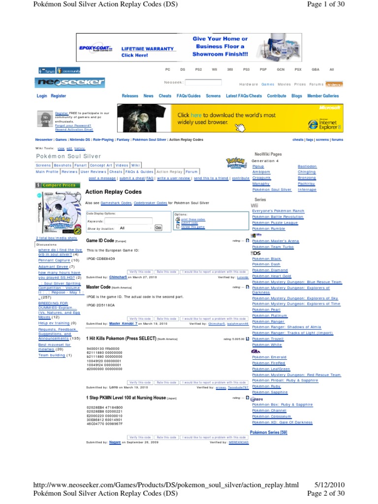 Pokemon Soul Silver ActionReplayDS Codes | PDF | Pokémon | Internet Forum