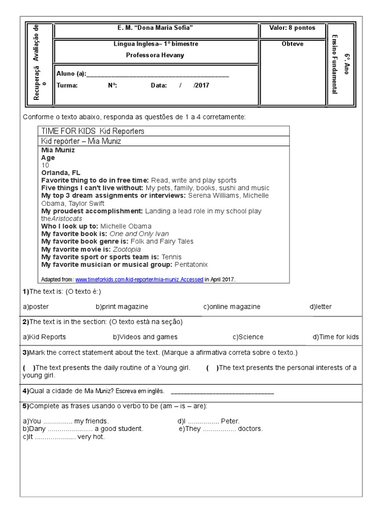 TIME FOR KIDS Kid Reporters Kid Repórter - Mia Muniz | PDF | Leisure