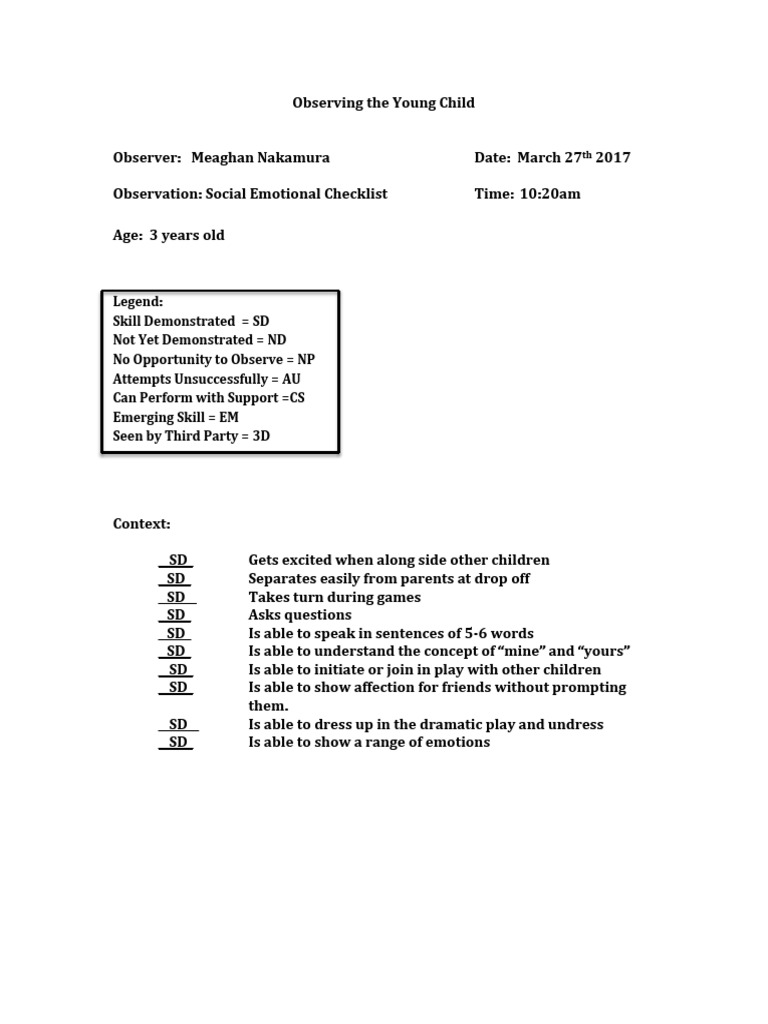 Social Emotional Checklist | PDF | Behavioural Sciences | Human ...