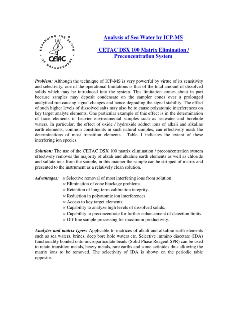 Analysis of Sea Water - Matrix Elimination | PDF | Seawater | Ion