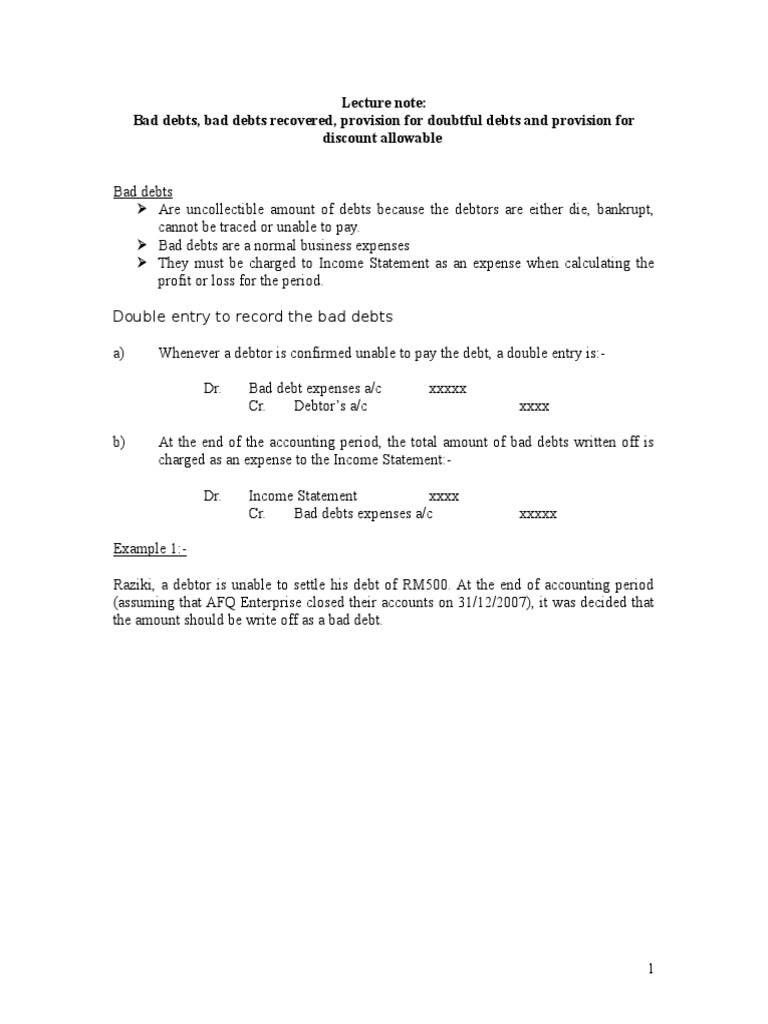 Lecture Note - Bad Debts | PDF | Bad Debt | Debt