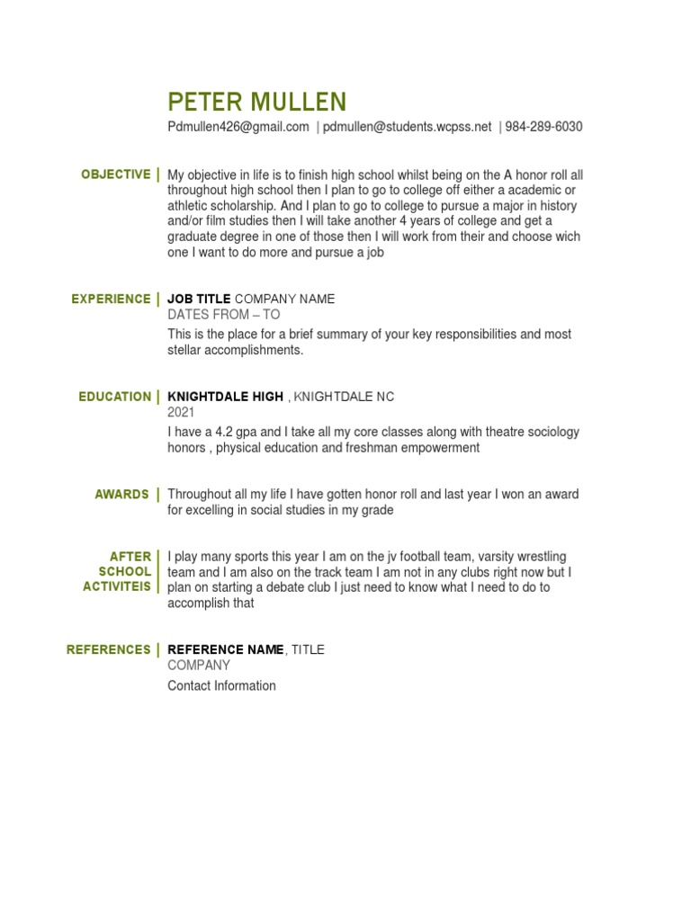 High School Resume of Peter Mullen | PDF