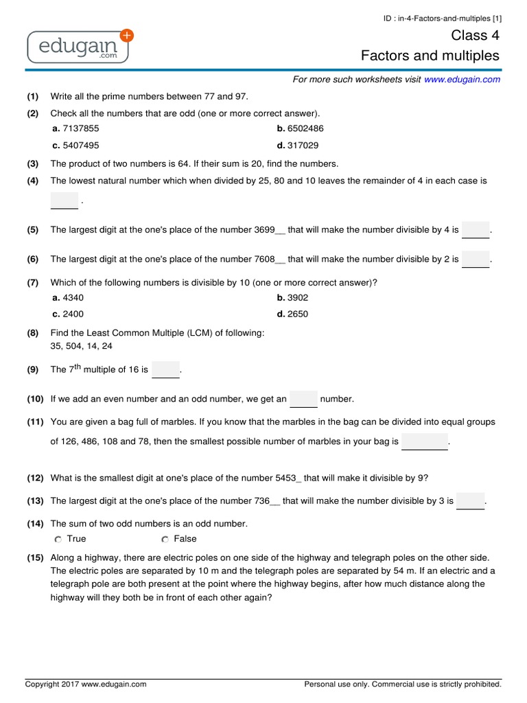 Grade 4 Factors and Multiples in | PDF | Elementary Mathematics ...