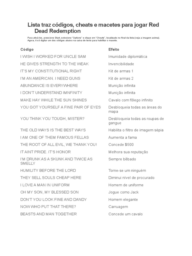 Códigos Red Dead Redemption | PDF | Lazer | Entretenimento (geral)