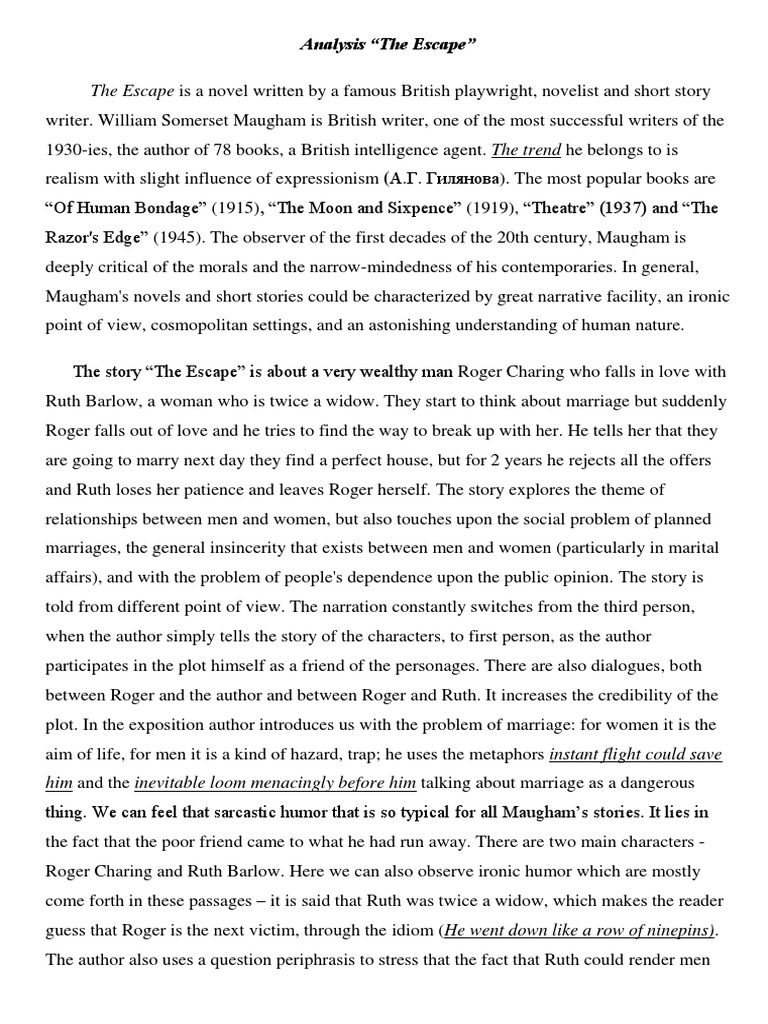 Analysis of Maugham's "The Escape" | PDF | W. Somerset Maugham | Irony