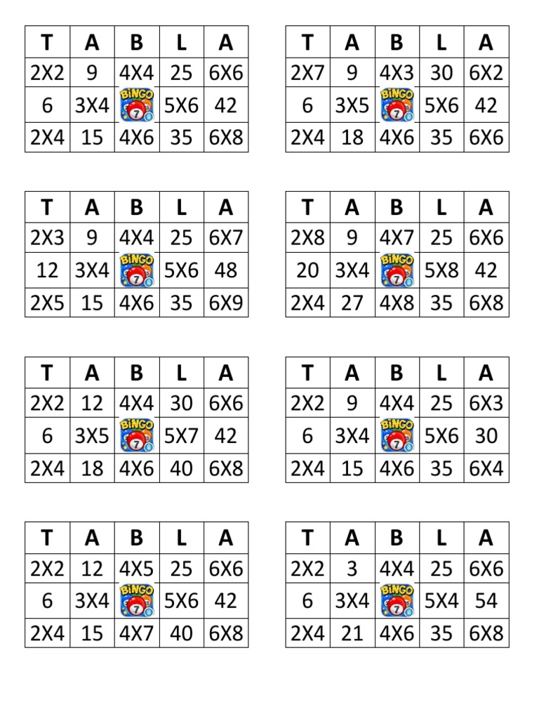 Bingo en Tablas de Multiplicar | PDF