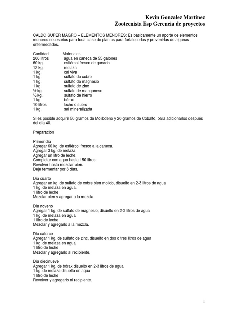 Fertilizacion - Caldo Super Magro | PDF | Melaza | Leche