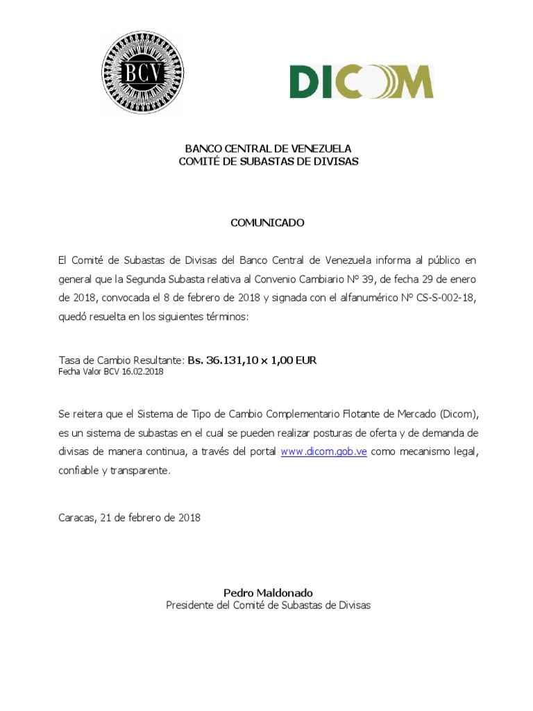 Comunicado Del BCV Sobre Los Resultados Del Dicom | PDF | Bancos ...