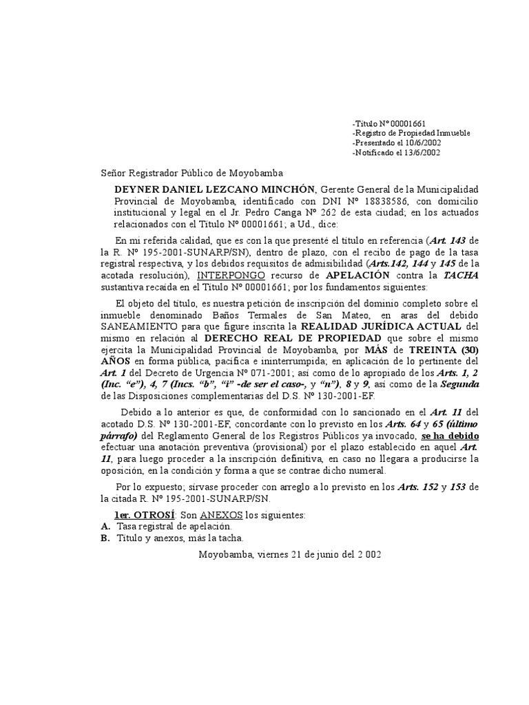 Apelación Tacha Registral | PDF | Propiedad | Virtud