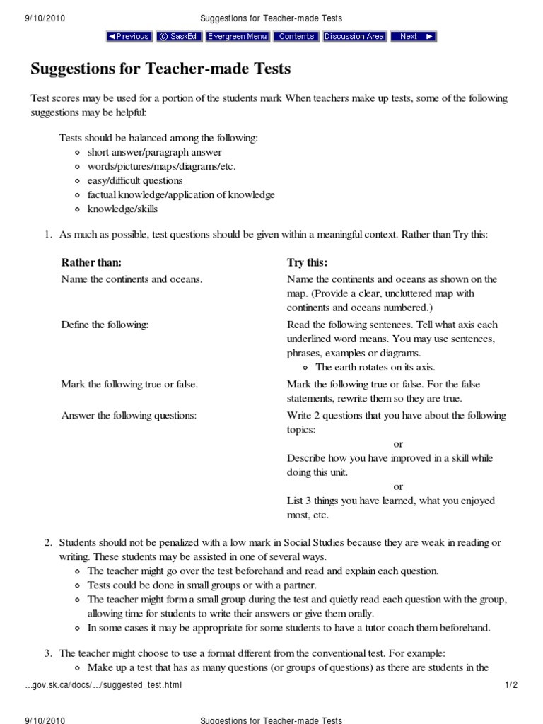 Suggestions For Teacher-Made Tests | PDF | Question | Psychological ...