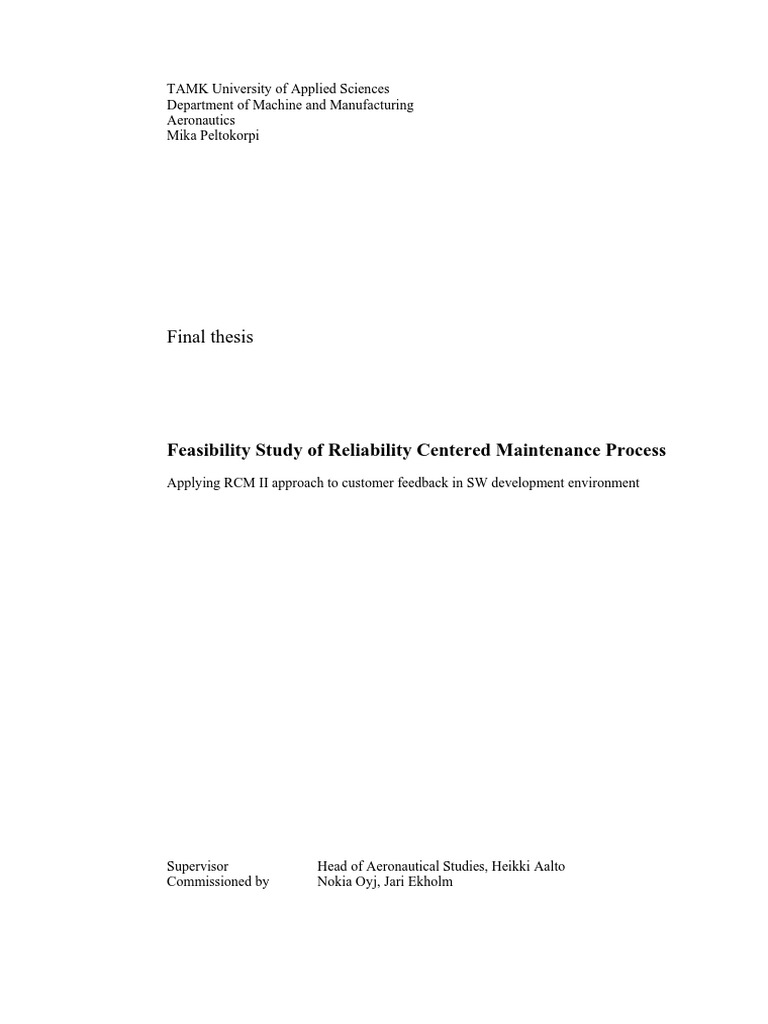 Final Thesis: Feasibility Study of Reliability Centered Maintenance Process | PDF | Reliability ...