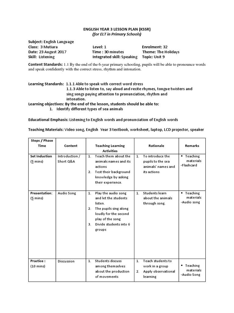 English Year 3 Lesson Plan | PDF | English Language | Lesson Plan
