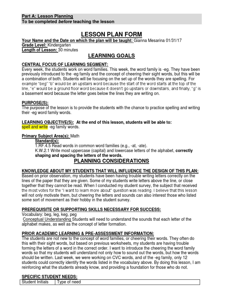 Kindergarten -eg Word Family Lesson Plan | PDF | Educational Assessment ...