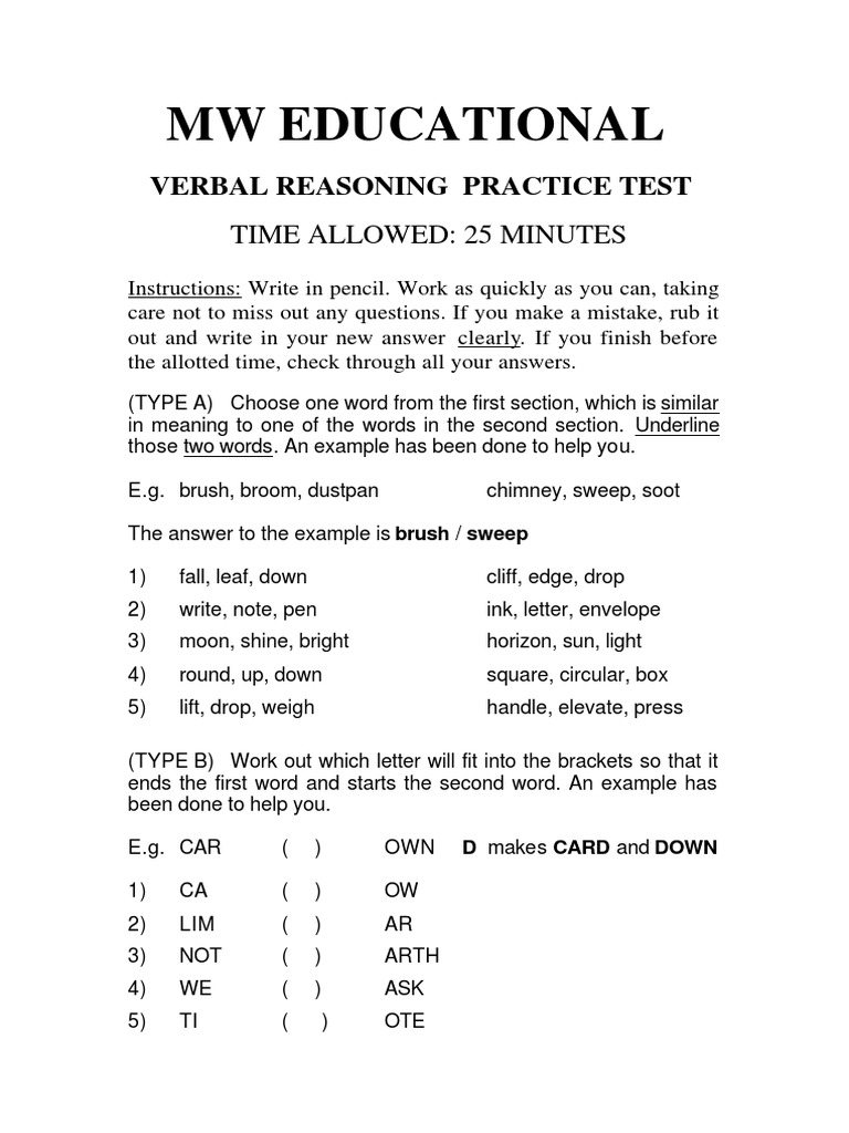 MW Educational Free Eleven Plus Practice Papers Verbal Reasoning | PDF ...